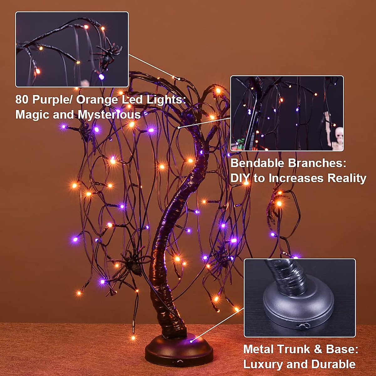 LIGHTSHARE 24-inch Halloween Willow Tree LED Bonsai Night Light,80 LED Lights, Battery Powered or DC Adapter(Included) for Home, Festival,Nativity, Party, and Christmas Decoration, Purple & Orange