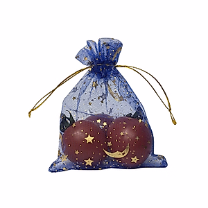 SUNGULF 100Pcs Sheer Organza Drawstring Pouches Stars and Moon Wedding Party Favor Jewelry Candy Gift Bags (3x4 inch, Blue)