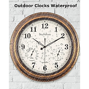 SkyNature Outdoor Clocks Waterproof, Large Outdoor Clock and Thermometer, Silent Wall Clocks Battery Operated, 18 Inch Decorative Rustic Farmhouse Wall Clock for Patio - Bronze