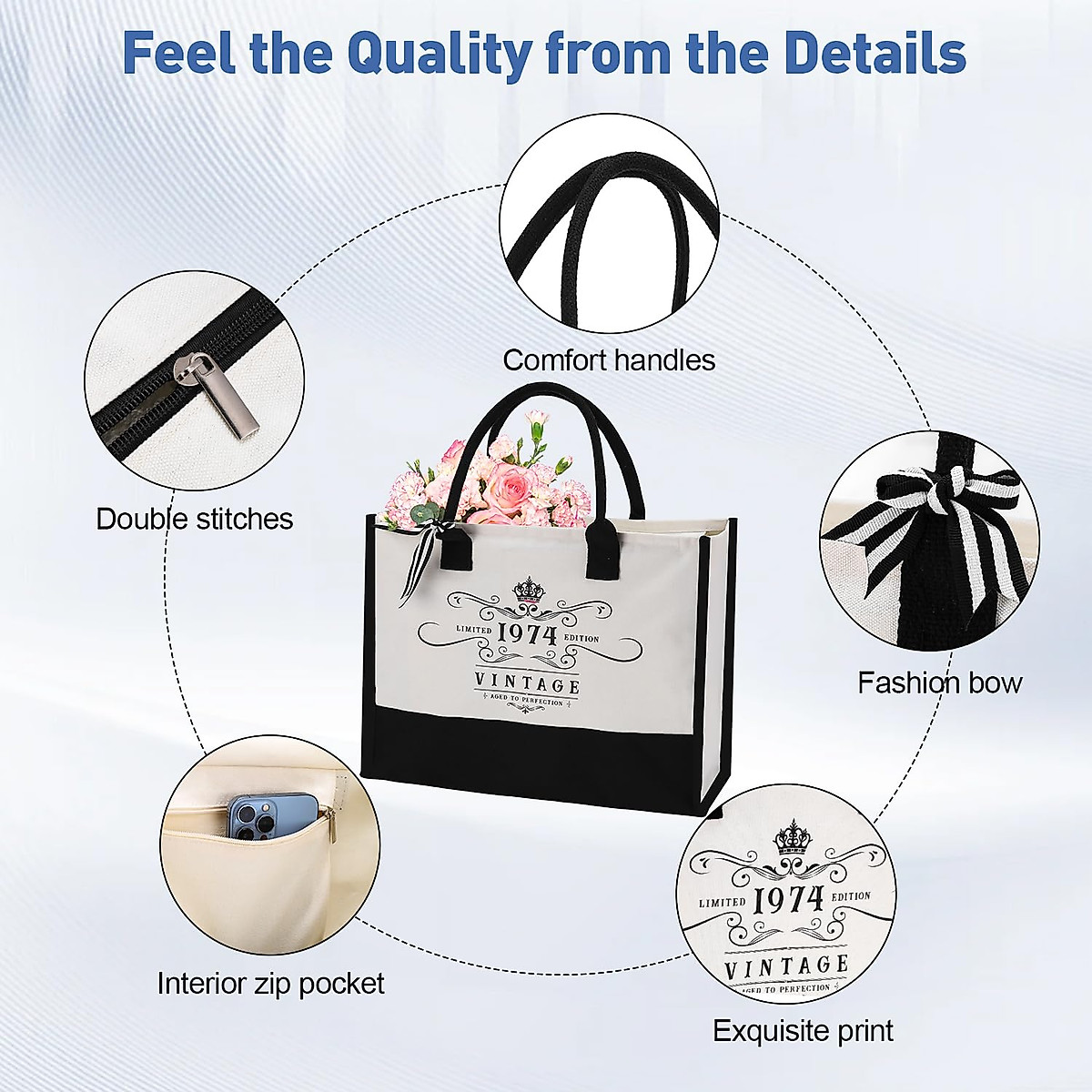 50th Birthday Gift for Women, Canvas Tote Bag for Women 1974, Keepsake Gift for Her Turning 50, 50th Birthday Party Decorations, Great 50th Birthday Gift Packaging Bags, 50th Birthday Gifts for Her