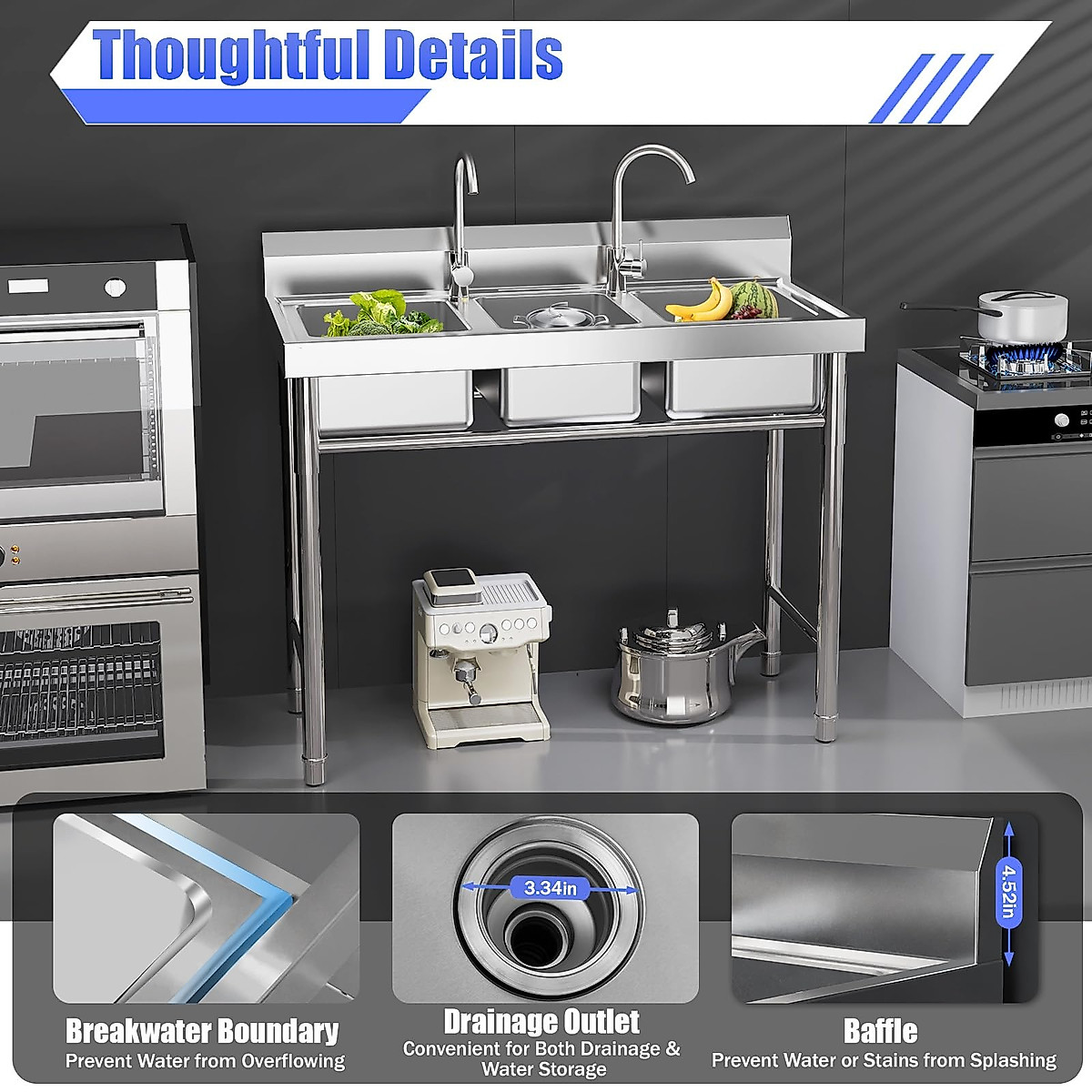 YIYIONCE 3 Compartment Sink 304 Stainless Steel Kitchen Sink Freestanding Utility Sink with 2 Hot & Cold Faucet Commercial Triple Bowl Sink for Bar, Restaurant Each Sink 11"L x 9"W x 7"H| US STOCK