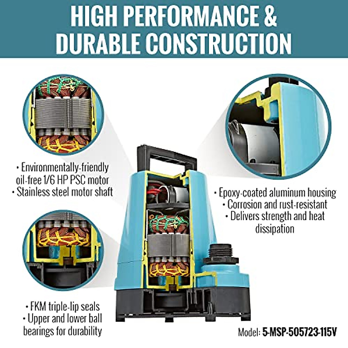 Little Giant 5-MSP 115-Volt, 1/6 HP, 1500 GPH Aluminum Manual Utility Pump, 10-Ft. Cord, Blue, 505723