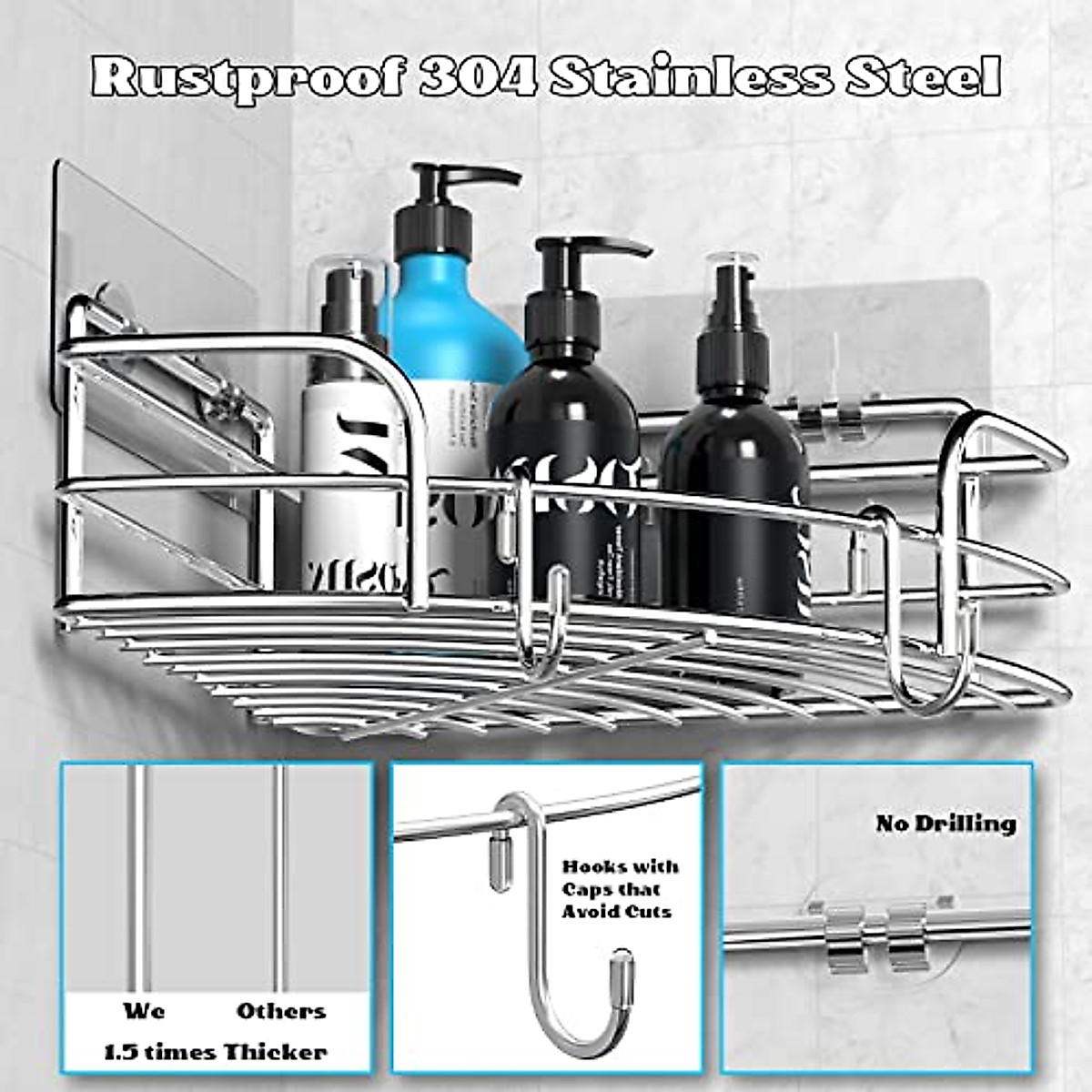 3 Pack Corner Shower Caddy: Stainless Steel No-drilling Bathroom Organizer for All 90° Corners- Installed in Minutes, Heavy Duty Shower Shelves for Storage- 6 Metal Hooks with Caps, 2 Extra Adhesives