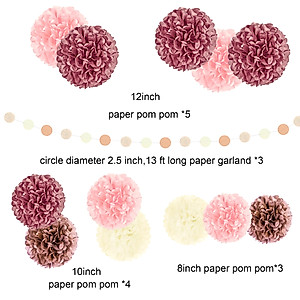 MEIYKO 15PCS Dusty Rose and Pink Tissue Paper Pom Poms with Paper Garland String Hanging Backdrop for Rose Gold Birthday, Baby Shower, Bachelorette, Bridal Shower, Wedding Party Decorations