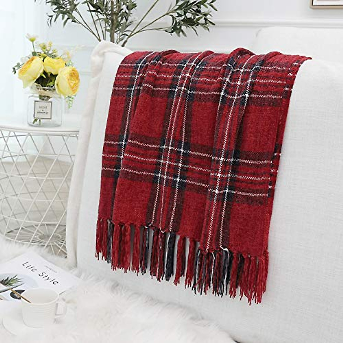 Muse Dream Chenille Fringe Plaid Throw Blanket Red Navy Holiday Classic Buffalo Lightweight Blankets for Sofa Couch All Season Indoor Outdoor Use,Multi-Colored 50" Wx60 L