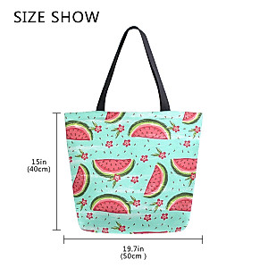 ALAZA Watermelon Pattern Blue Canvas Tote Bag Top Handle Purses Large Totes Reusable Handbags Cotton Shoulder Bags for Women Travel Work Shopping Grocery