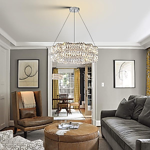 Poemoon Modern Crystal LED Chandelier 32’’ with Remote Control Dimmable 3000-6500K Contemporary Chrome Luxury Chandeliers Light Fixture for Living Dining Room Bedroom Kitchen Island Foyer Entryway