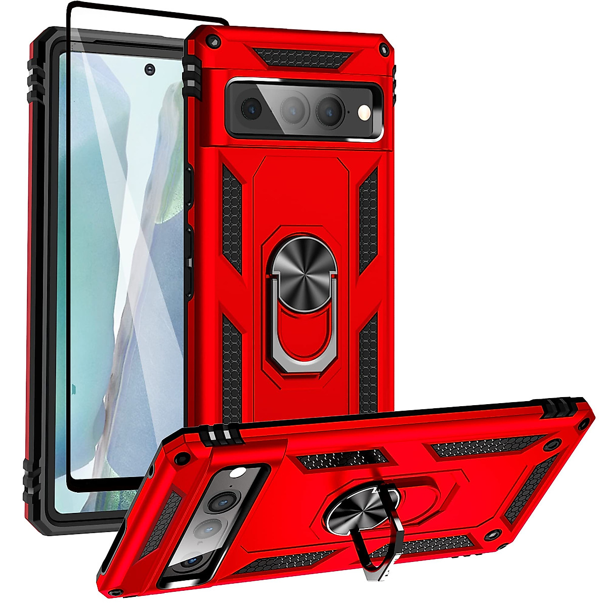 Dzxouui for Pixel 7 Pro Case with Tempered Glass Screen Protector, [Military Grade Shockproof] Cover Full Body Protection Hard Phone Cases with Magnetic Kickstand for Google Pixel 7 Pro - Red