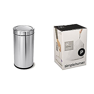 simplehuman 55 Liter / 14.5 Gallon Swing Top Can, Brushed Stainless Steel + Code P 60 Pack Liners