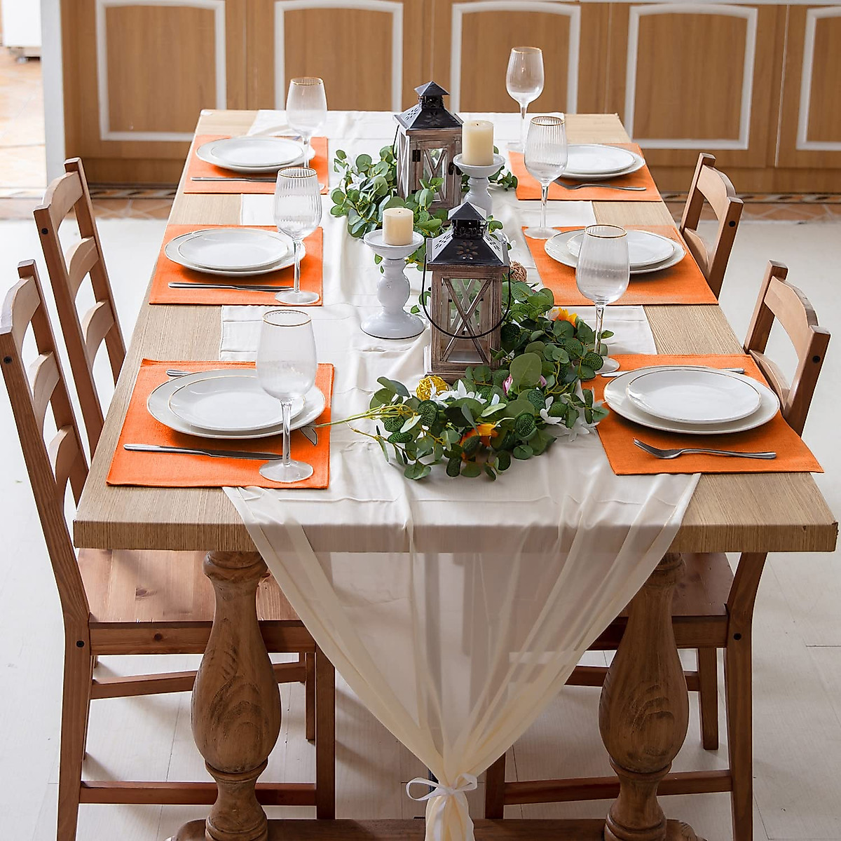 Rinpon Cloth Placemats Set of 8, Linen Type Fabric Placemats Machine Washable Placemats Heat Resistant Placemats Wrinkle Free Thick Polyester Kitchen Place Mats for Dining Table (Orange)