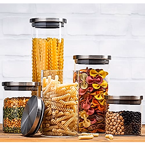 Set of 5 Glass Kitchen Canisters with Airtight Stainless-Steel Lid - Dishwasher Safe, Storage Jars for Kitchen, Bathroom & Pantry Organization, Ideal for Flour, Sugar, Coffee, Cookie Jar, Candy, Snack