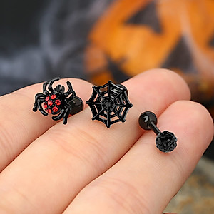 OUFER 3PCS Helix Earrings Spider Halloween Cartilage Tragus Set Spider Web Conch Piercing Jewelry Black Red Gem Tragus Studs