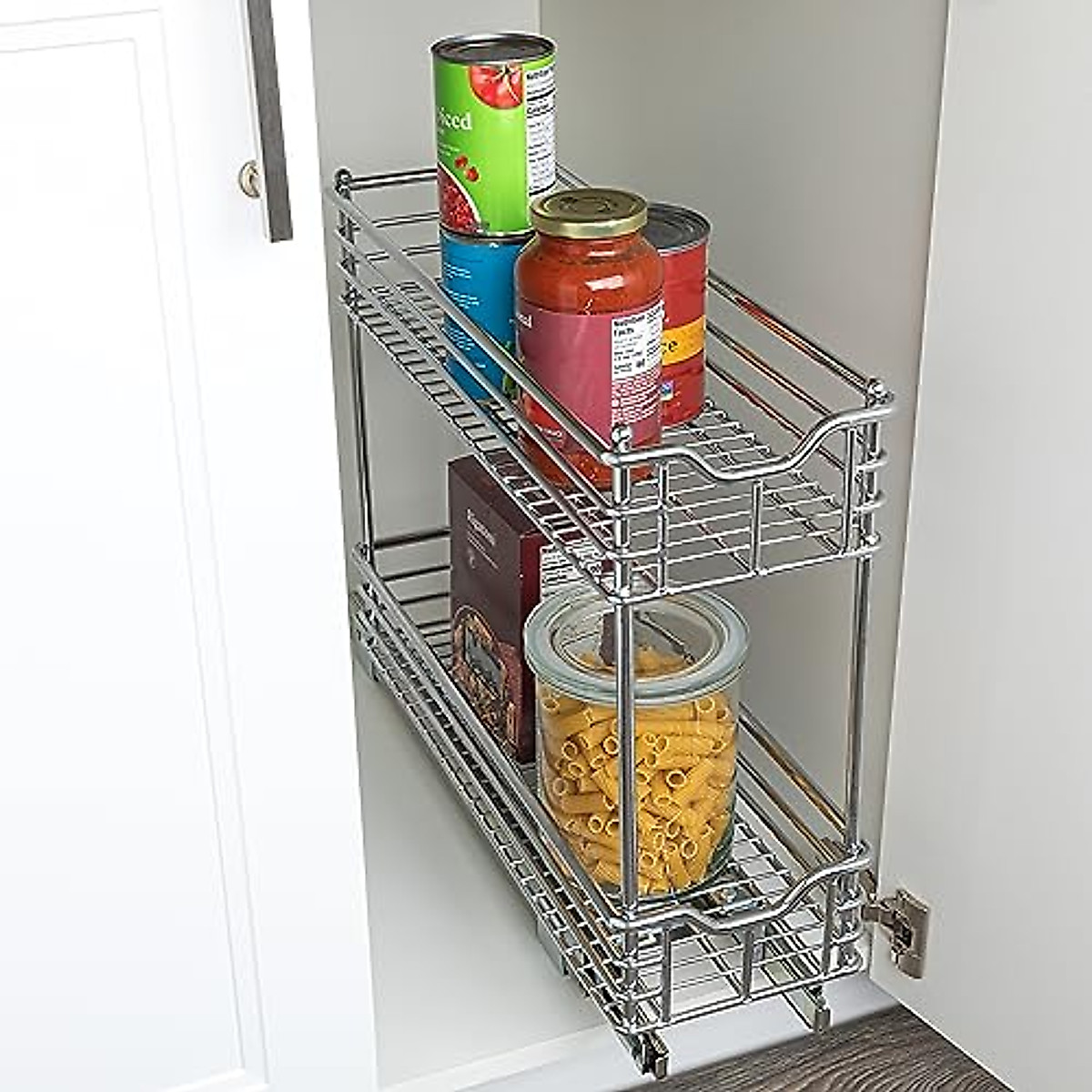 Household Essentials Narrow Sliding Cabinet Organizer, Two Tier Chrome Organizer, Chrome, Great for Slim Cabinets in Kitchen, Bathroom and More