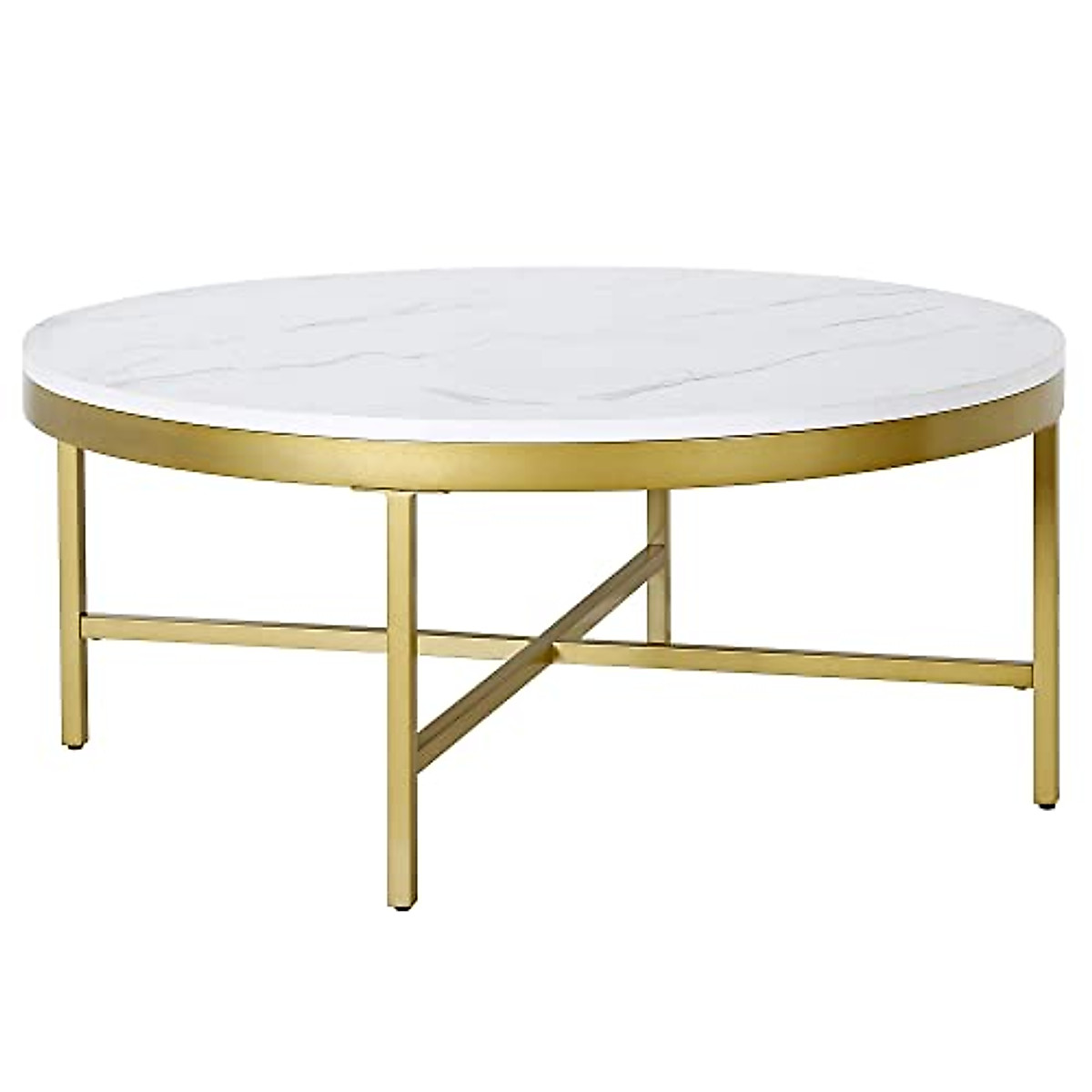 Henn&Hart 36" Wide Round Coffee Table with Faux Marble Top in Brass/Faux Marble, Modern coffee tables for living room, studio apartment essentials