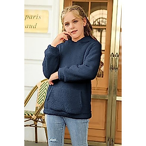 Haloumoning Girls Fuzzy Fleece Pullover Hoodies Sweatshirt Casual Loose Outwear Coat with Pockets 4-15 Years