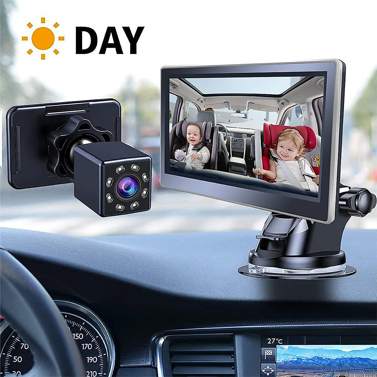 Baby Car Mirror Baby Rear Facing Seat Camera, Baby Car Seat Mirror Camera with Wide Crystal Clear View Monitor, Great Night Vision, Adjustable Sucker Bracket, Easily Observe The Baby's Move