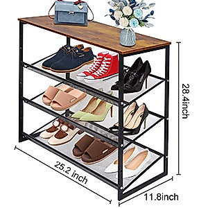 aboxoo 4-Tiers Shoes Rack Tilting Adjustable Freestanding Shoe Rack Large 9 Pairs 25.2 IN Storage Organization Brown Wood Metal For Entryways, Hallways, Closets, Dormitory Rooms, And Industries