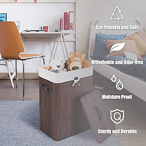 Byroce Bamboo Laundry Basket, Collapsible Laundry Hamper with Lid, Removable Liner & Handles, Dirty Clothes Toys Storage Bin for Laundry Room, Bedroom, Bathroom (Brown)