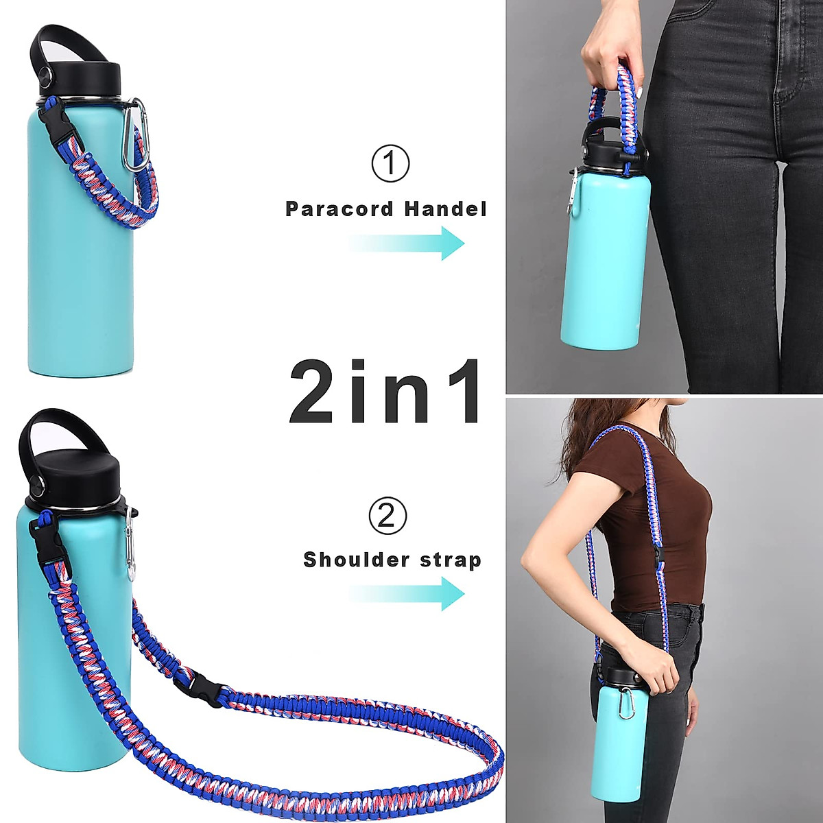 Wongeto Paracord Handle with Shoulder Strap,Compatible with Hydro Flask Wide Mouth Water Bottles 12oz - 64 oz（Not for The New Hydro Flask 2.0,Bottle Strap for Walking Hiking Camping(Blue&Red&White)