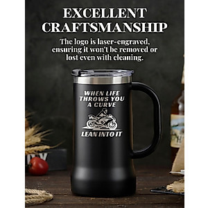 Onebttl Motorcycle Gifts for Men, When Life Throws You a Curve, Lean into it, Stainless Steel Beer Stein Tumbler, 24oz Beer Mug with Lid