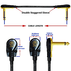 3 Units - Lava Tightrope (Black) - 5 Inch - Guitar Bass Effects Instrument, Patch Cable with Premium Gold Plated ¼ Inch (6.35mm) Low-Profile, Right Angled Pancake type TS Connectors