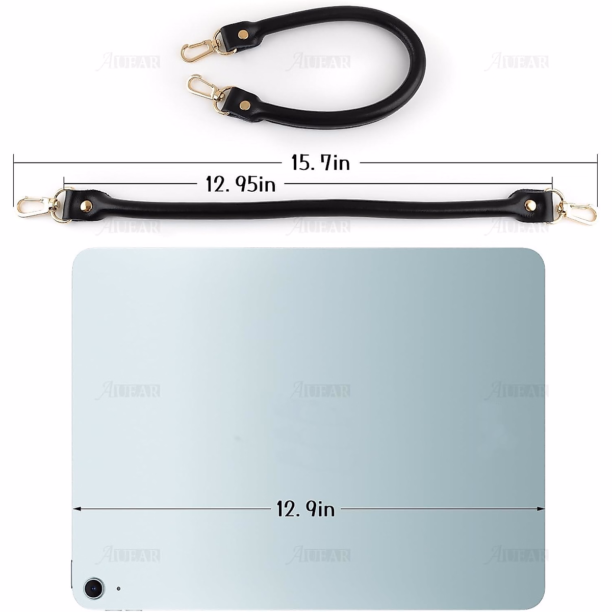 AUEAR, Leather Replacement Handles Purses Straps Black Handbag Strap with Gold Lobster Buckles for Small Handmade Straw Bag (15.7 Inches, Style A, 2 Pack)