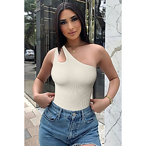 OQQ Women's 3 Piece Sexy Ribbed Sleeveless One Shoulder Tank Top Exercise BodySuit, Black Coffee Beige, Large