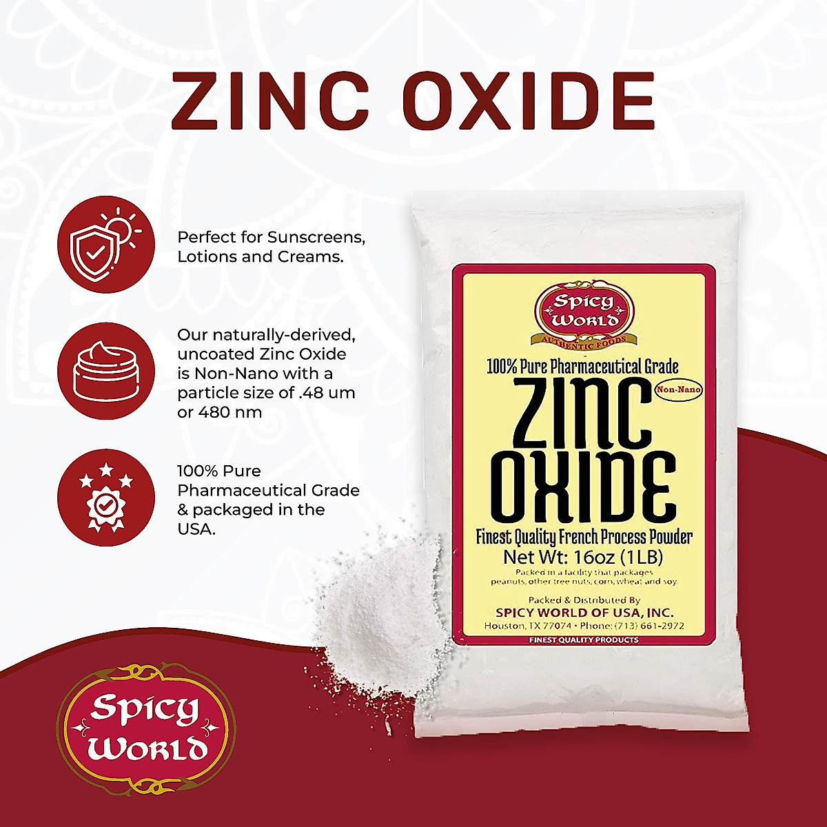Spicy World Zinc Oxide 1 Pound Bag - NON NANO Uncoated - 100% Pure Pharmaceutical Grade - Perfect for Sunscreen, Lotions, Creams