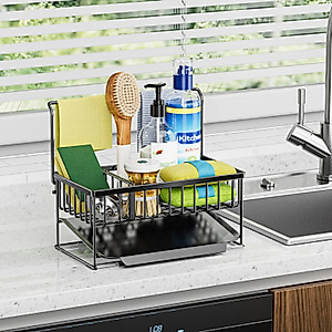JANE EYRE Kitchen Sink Caddy - Sponge Brush Holder with Removable Slope Drip Tray SUS304 Stainless Steel Rustproof Sink Rack,(H) 9 in x (D) 5.5 in x (L) 9.84 in (Black)