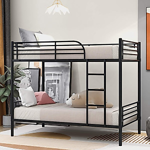 JULYFOX Steel Bunk Bed Twin Over Twin, Modern Metal Bed Frame 550 lb Heavy Duty with Stairs Side Guard Rails 10.8 inch Storage Space No Box Spring Needed 2 Twin Bed Platform for Kids Teens Black