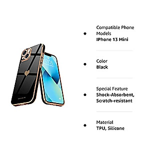 Teageo for iPhone 13 Mini Case for Women Girl Cute Love-Heart Luxury Bling Plating Soft Back Cover Raised Full Camera Protection Bumper Silicone Shockproof Phone Case for iPhone 13 Mini, Black