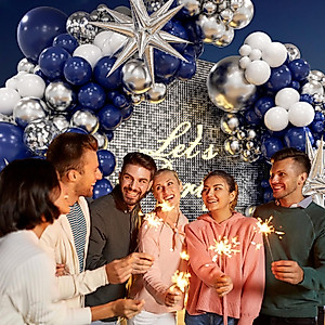 130pcs Navy Blue and Silver Balloon Garland Arch Kit with 3pcs Silver Star Balloons, Royal Blue Metallic Silver White Balloons for Birthday Baby Shower Wedding Graduation Party Decorations