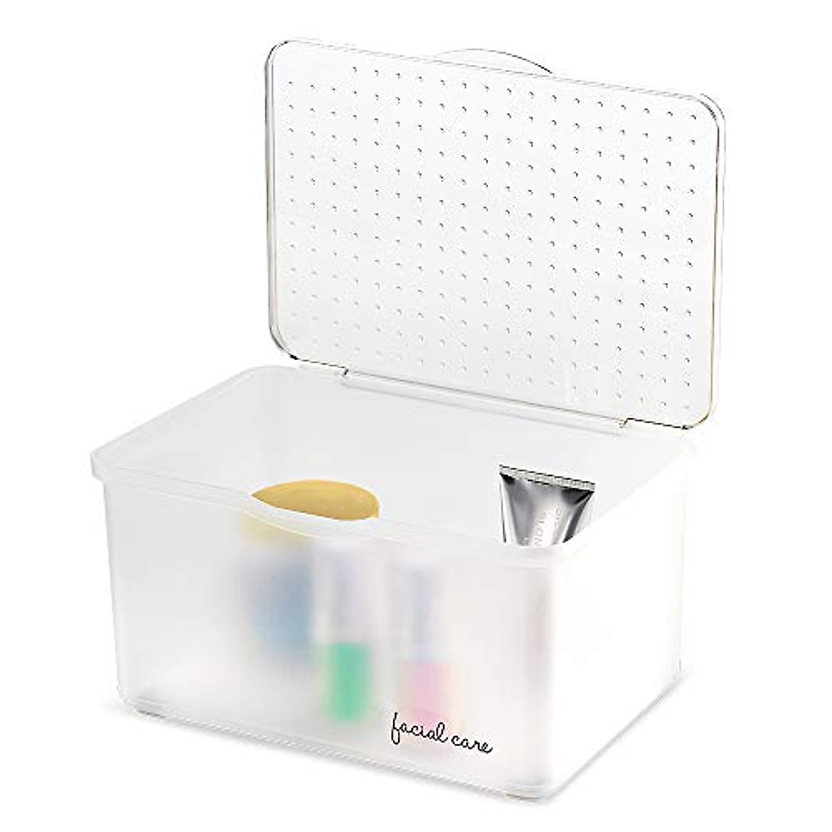 madesmart Medium Stacking Lid Storage Bin for Bathroom Organization, Plastic Bathroom Storage Bin with Dry-Erase Space, Frost