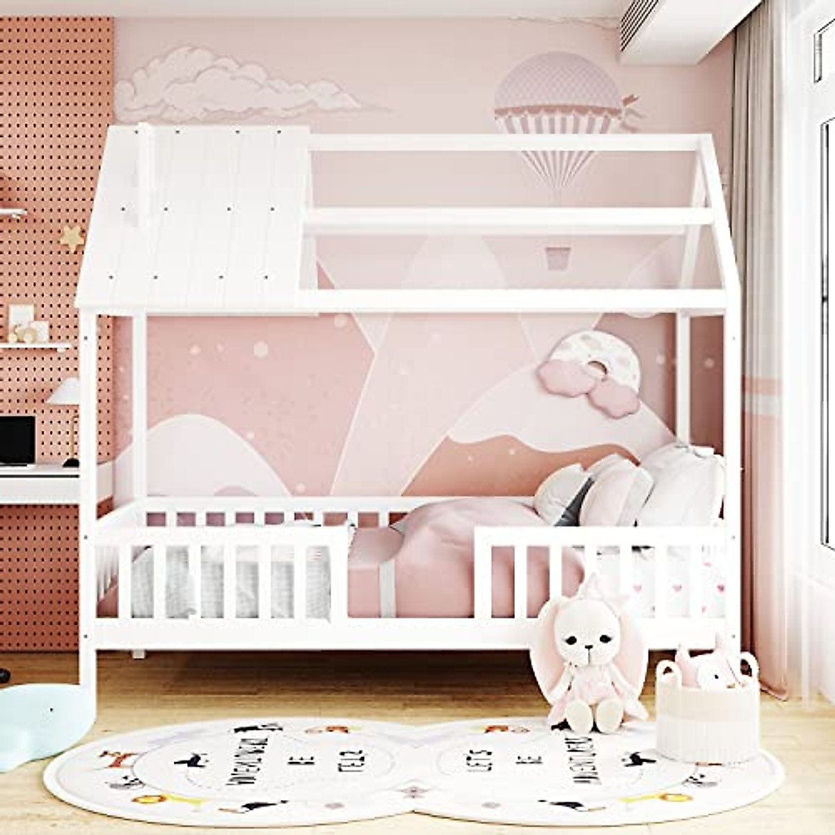 LostCat Kids House Bed,Twin Size Bed House Wood Montessori House Bed Frame with Fence and Rails, House Bed Kids Montessori Beds Playhouse Tent Bed, Solid Wood Platform Bed Frame for s, White