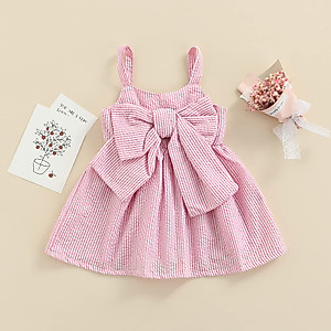 Toddler Baby Girls Sleeveless Dress Front Bowknot Stripe Sling Summer Jumpsuit Princess Casual Romper (Pink, 9-12 Months)