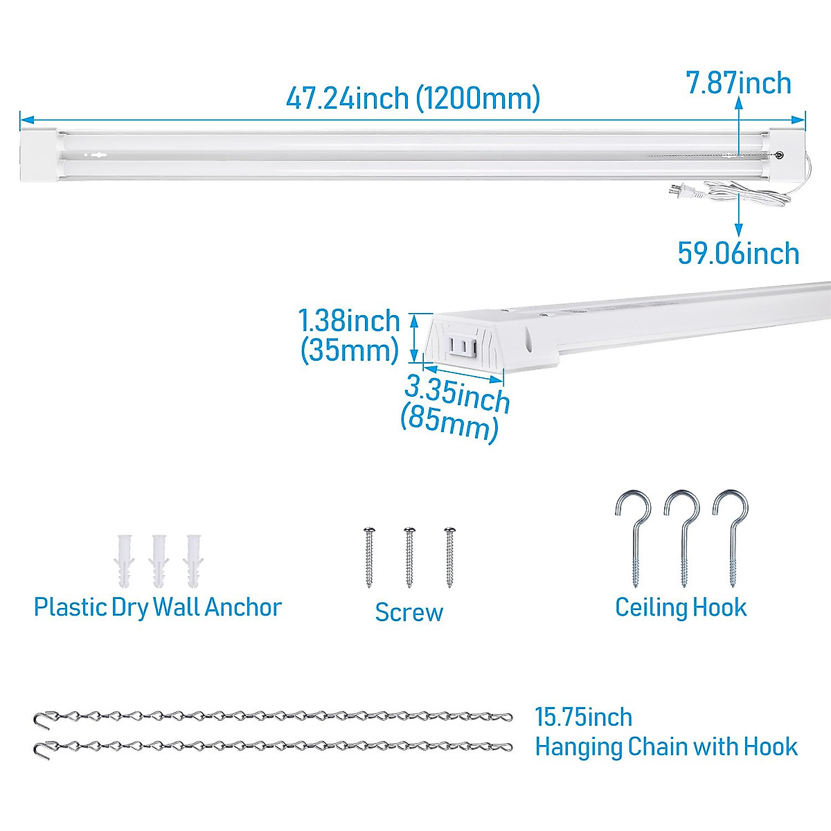 LEONLITE LED Shop Light 4FT, Deep Reflector, 40W 5000K Daylight Linkable LED Shop Light, Plug in Shop Light with Pull Chain (ON/Off), 4 Foot LED Shop Lights for Workshop, Garage, Shop, Pack of 4