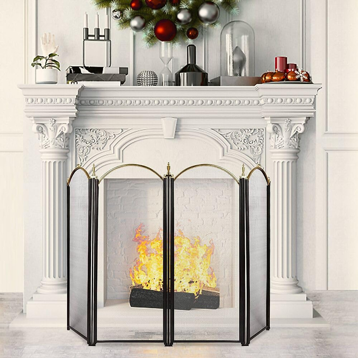 AMAGABELI GARDEN & HOME Decorative Gold Fireplace Screen 4 Panel Folding Ornate Wrought Iron Black Metal Fire Place Free Standing Gate Large Mesh Solid Steel Spark Guard Cover Outdoor Accessories