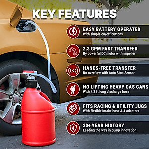 2PK of TERA PUMP TRFA01-XL 4 AA Battery Powered AUTO STOP Pump - Included 4x Gas Can/Racing Can Fittings 4.25ft Long Hose [ 2.3 GPM ] Transfer Rate For Gas Diesel E15 E85 Fuels (Gas Can Not Included)