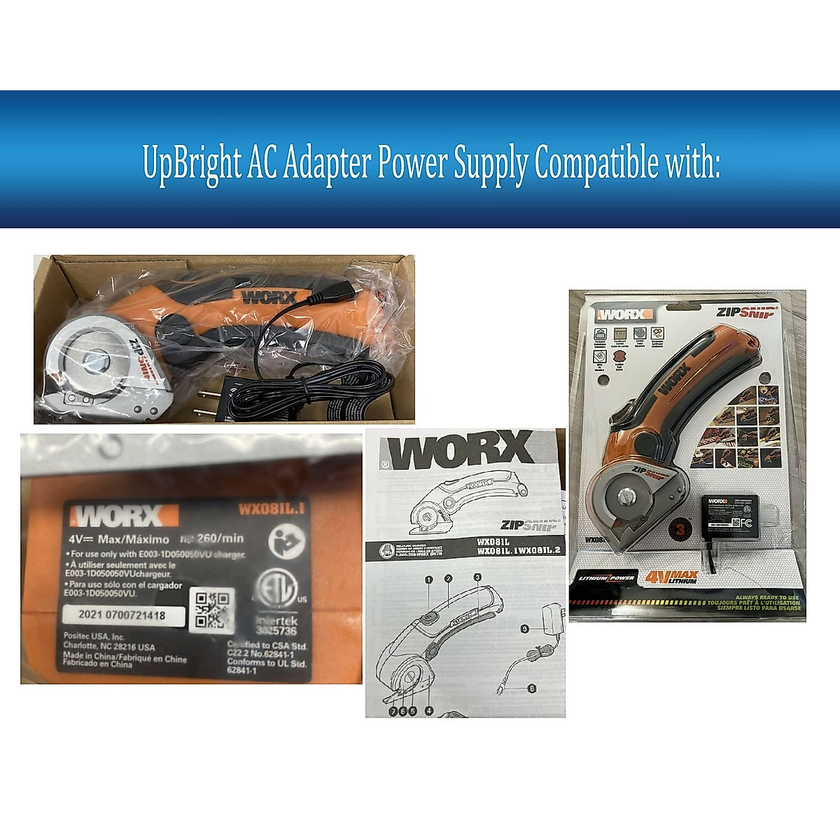 UpBright USB 5V AC/DC Adapter Compatible with WORX ZipSnip WX081L WX08IL WX081L.1 WX081L.2 Zip Snip Cordless 4V Electric Scissors E003-ID050050VU E003-1D050050VU 5.0V 0.5A Power Supply Battery Charger
