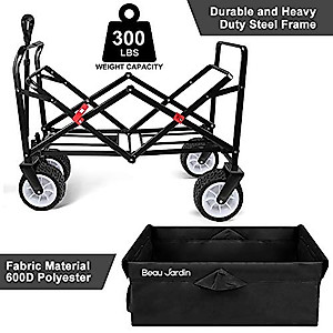 BEAU JARDIN Folding Beach Wagon Cart 330 Pound Capacity Collapsible Utility Camping Grocery Canvas Portable Rolling Outdoor Garden Sports Heavy Duty Shopping Wide All Terrain Wheel Black BG219