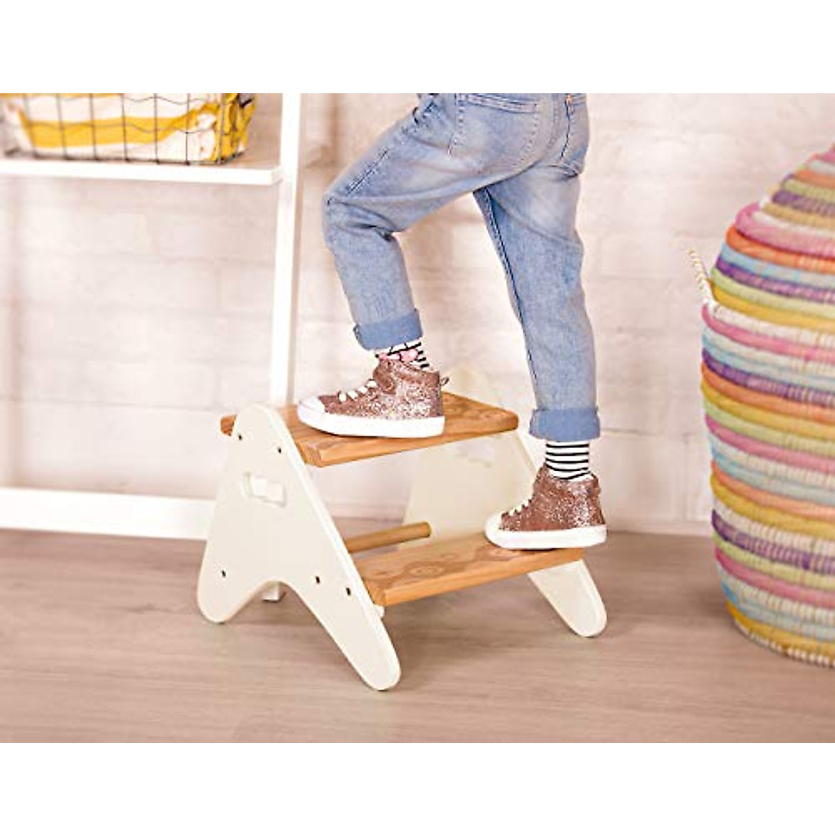 B. spaces by Battat – Step Stool for Kids – Ivory & Wood Stepping Stool for The Bedroom, Bathroom, Kitchen – Furniture for Toddlers – Peek-A-Boost – 2 Years + (BX2031C1Z)