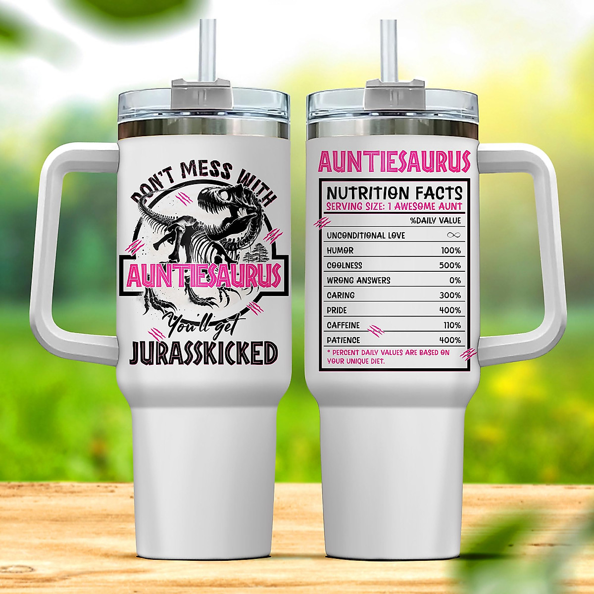 UNILYLY Auntiesaurus Nutrition Facts, Aunt Auntie Coffee Handle For Cups Gift, Dinosaur Insulated Cup Aunt Double Wall, Tumbler 40 Oz With Handle Lid And Straw, Auntiesaurus Gifts