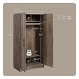 Prepac Elite Functional Wardrobe Closet Cabinet with Hanging Rail, Simplistic 2-Door Armoire Portable Closet 20" D x 32" W x 65" H, Drifted Gray, DEW-3264