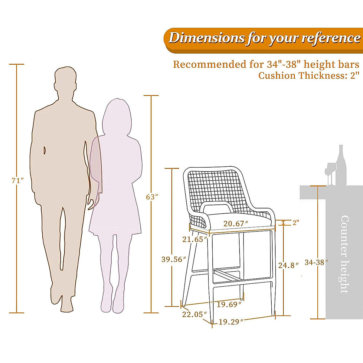 PURPLE LEAF Counter Height Bar Stools Set of 4 Rattan Chair Boho Aluminum Woven Counter Stools with Back and Footrest Modern Patio Seating 24.8 Inches Outdoor Barstools