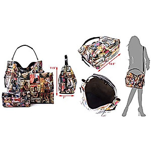 Magazine Cover Collage Michelle Obama Printed Square Hobo bag + Crossbody purse + Wallet 3pcs Set (Multi)