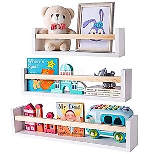 Sonnet Designs Floating Nursery Book Shelves for Wall 3 Pack White Nursery Wall Mount Bookshelf for Kids Room Toddlers Toys Wood Book Shelf Usable in Home, Kitchen, Bathroom, Floating Wall Ledge