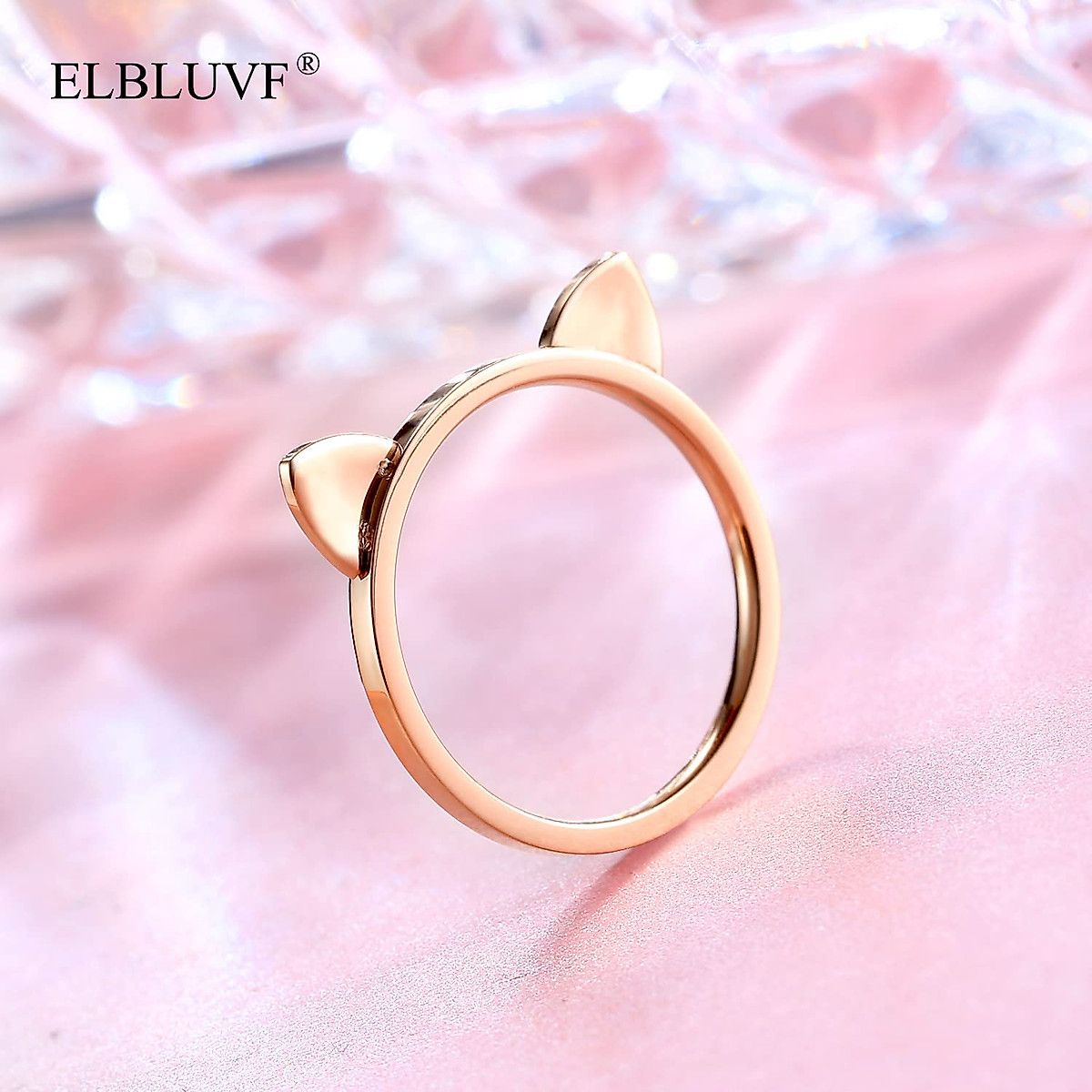 ELBLUVF 18k Rose Gold Plated Stainless-Steel Cat Ears Ring Cat Ring Size 4-7 (7)
