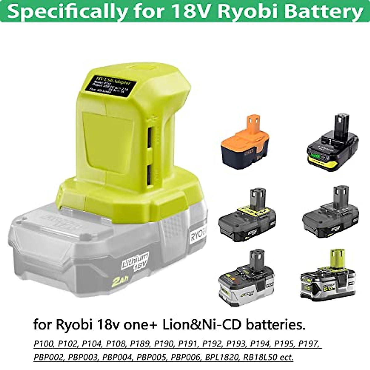 18V Battery Adapter Converter Dual USB Ports for Ryobi P743 18V 14.4V, Battery Converters Compatible with Ryobi 18V Battery Series DMMNS