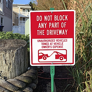 SmartSign 12" x 10" 'Do Not Block Any Part Of The Driveway Unauthorized Vehicles Towed' LawnBoss Yard Sign with 3 ft Stake, 40 mil Laminated Aluminum, Red and White, Set of 1, USA-Made