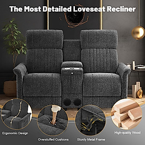 IROSTAE Loveseat Recliner Sofa with Console, RV Reclining Loveseat with Folding Side Table, Manual Love Seat Recliner Sofa with Bluetooth Speakers, Double Recliner Loveseat with USB Ports - Grey